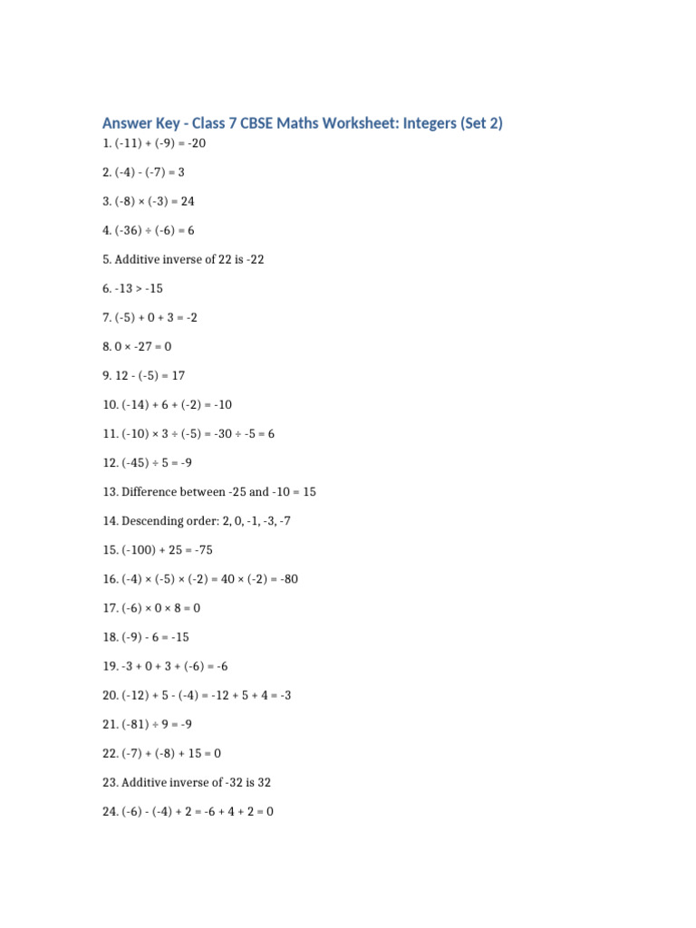 Class7 CBSE Maths Integers Answers Set2 | PDF