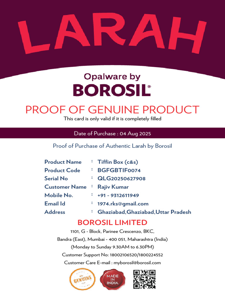 Borosil Larah Genuinity Certificate BGFGBTIF0074 | PDF
