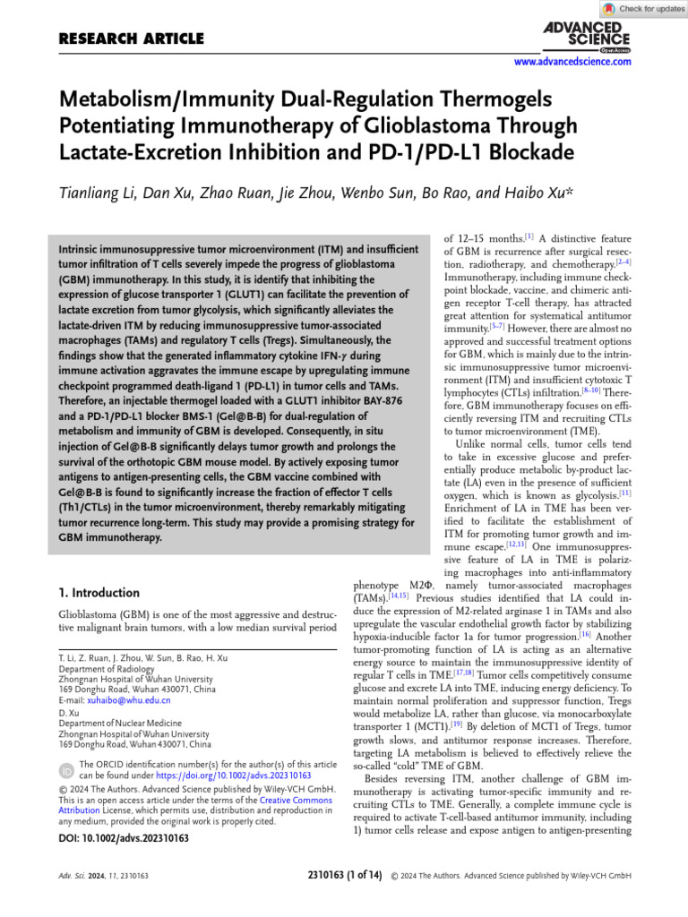 Metabolism:Immunity Dual-Regulation Thermogels Potentiating Immunotherapy of Glioblastoma ...
