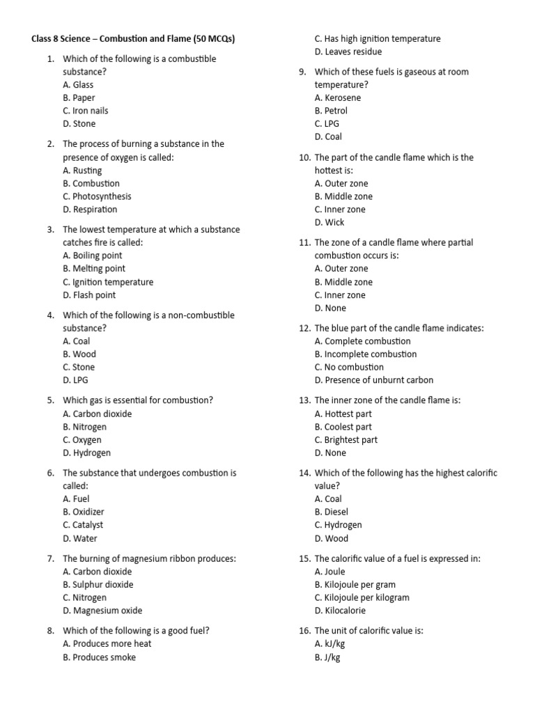 Class 8 Science: Combustion MCQs | PDF | Combustion | Carbon Dioxide