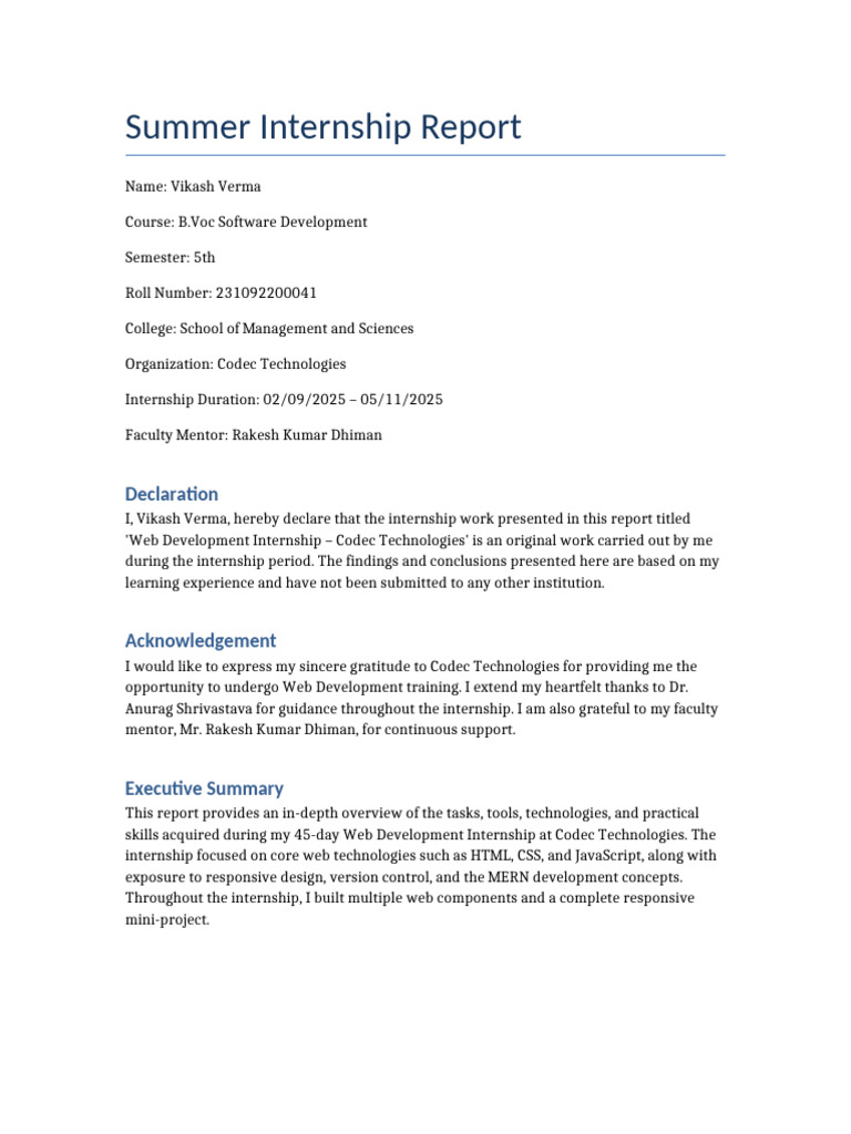 Web Development Internship Report | PDF | World Wide Web | Internet & Web