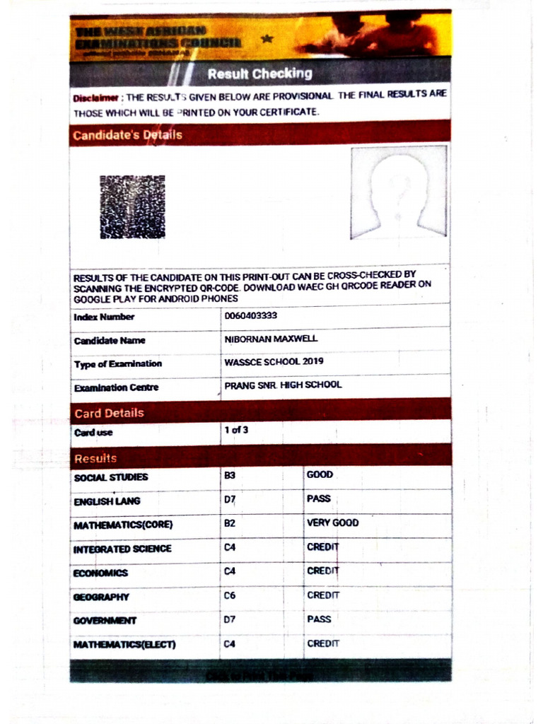 Nibornan Maxwell Wassce Results Slips | PDF