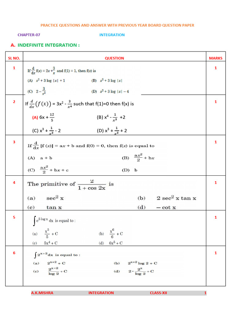 Class 12 Integration Practice Questions | PDF