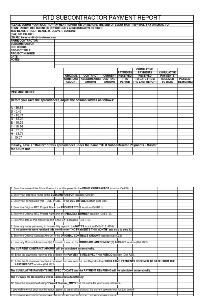 RTD Subcontractor Payment Report Guide | PDF | Spreadsheet | Payments