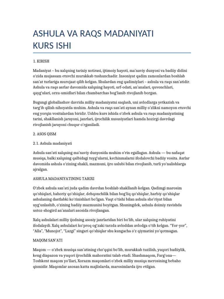 Ashula Va Raqs 25 Bet Kurs Ishi | PDF