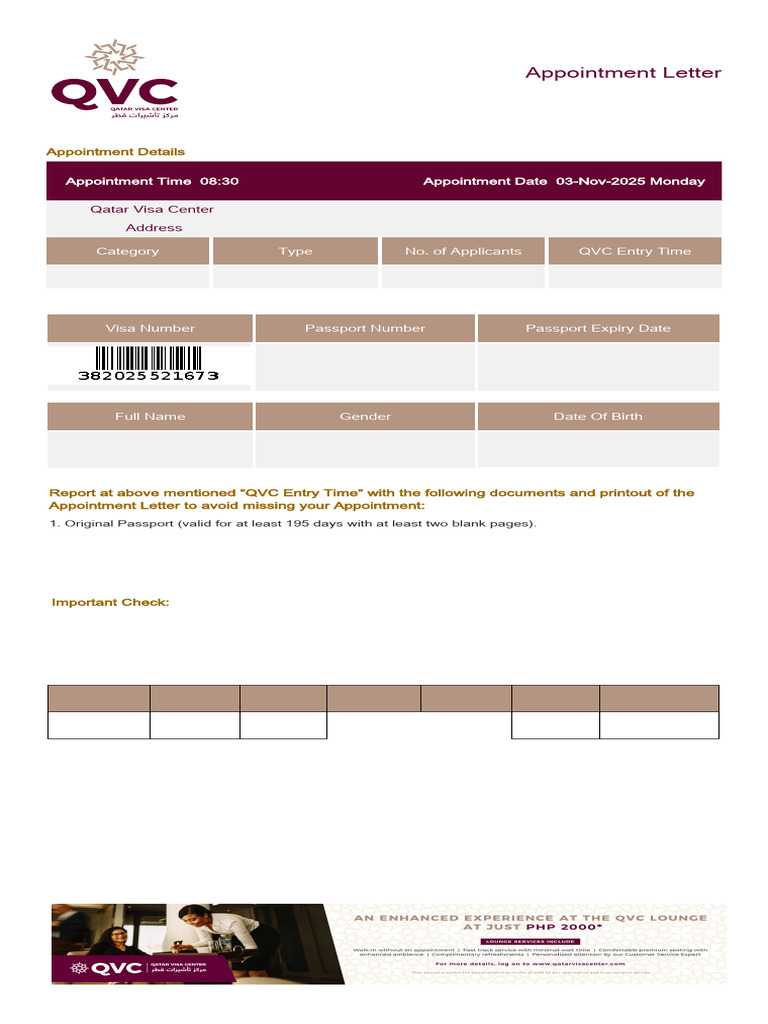 Qatar Visa Center Appointment Details | PDF | Travel Visa | Passport