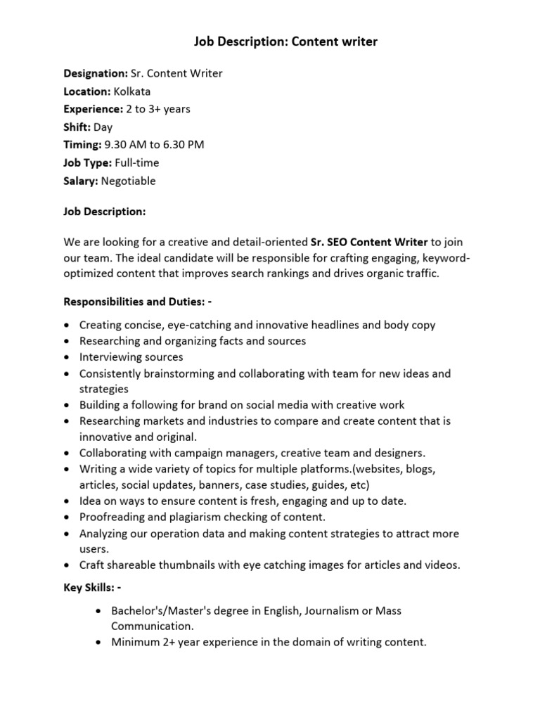 Sr. Content Writer-Job Description | PDF | Search Engine Optimization ...