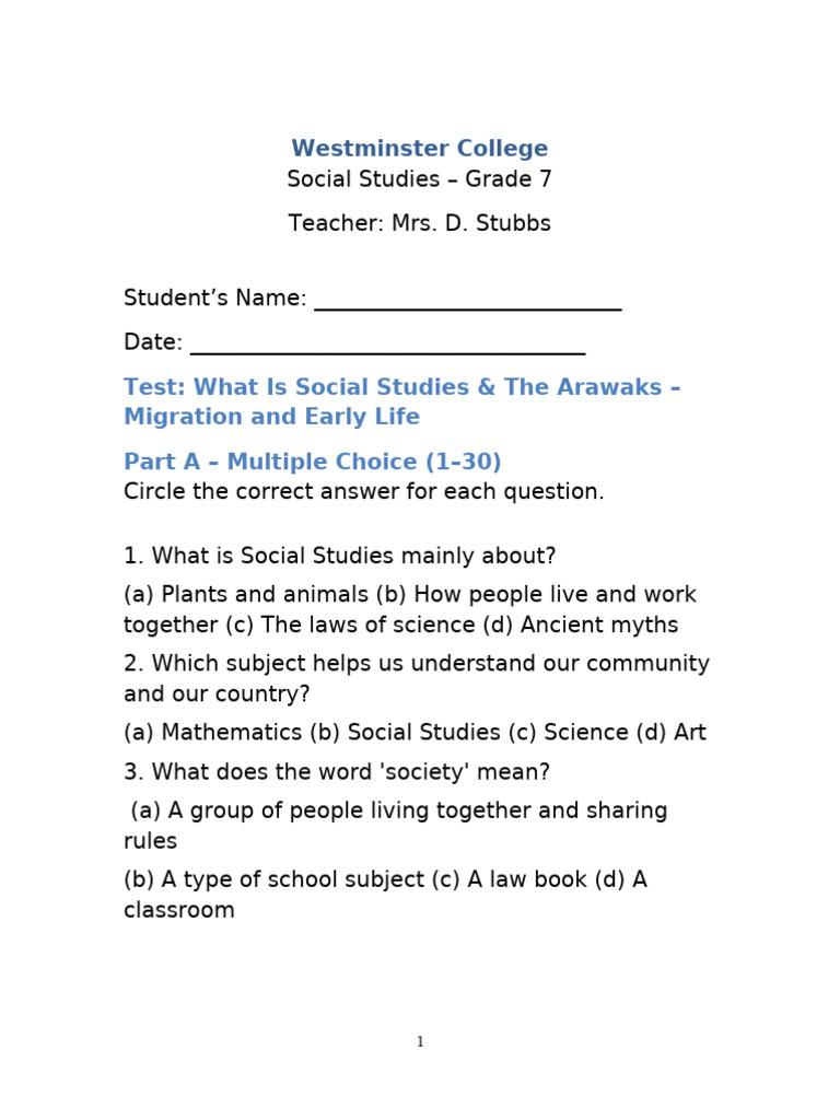 Grade 7 Social Studies Test: Arawaks | PDF