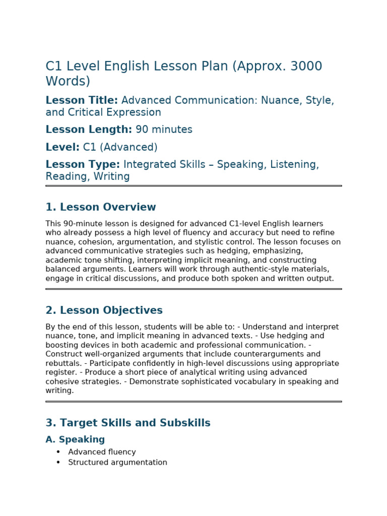 C1 English Lesson Plan | PDF | Fluency | Reading Comprehension