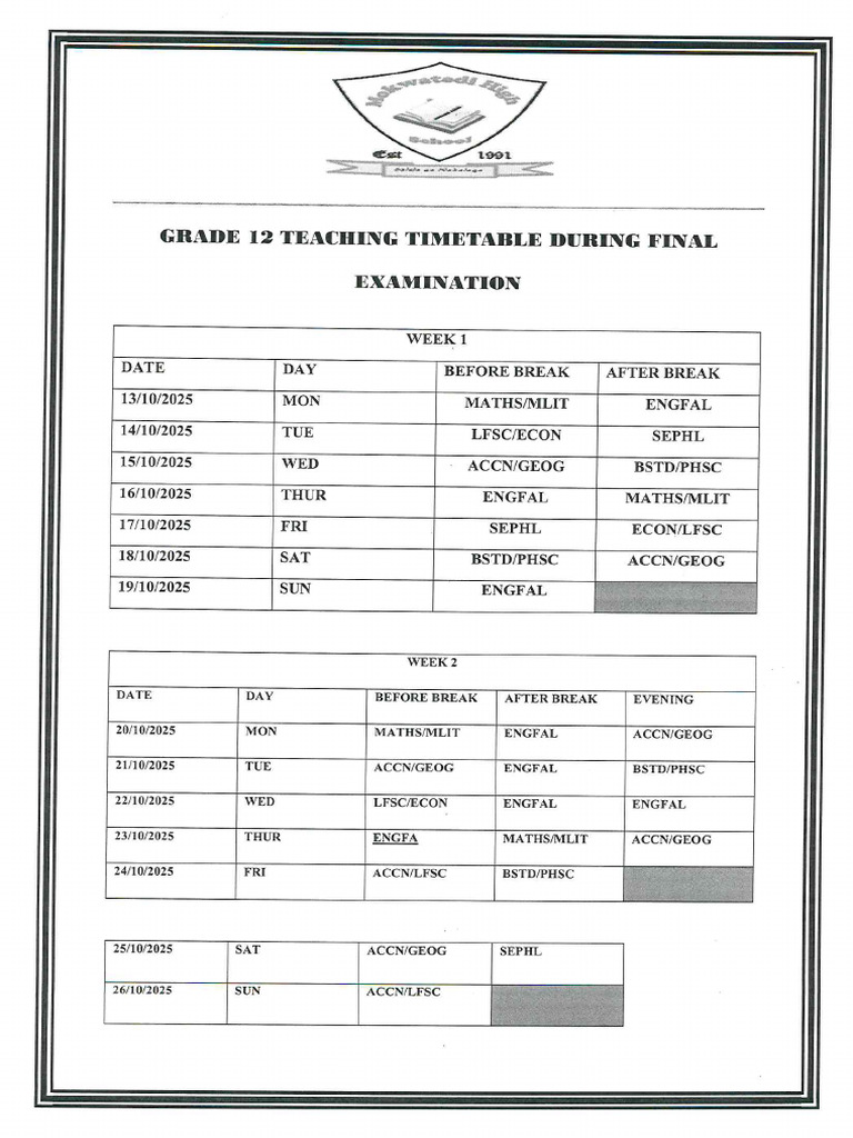 Grade 12 Teaching Timetable During Final Exam | PDF