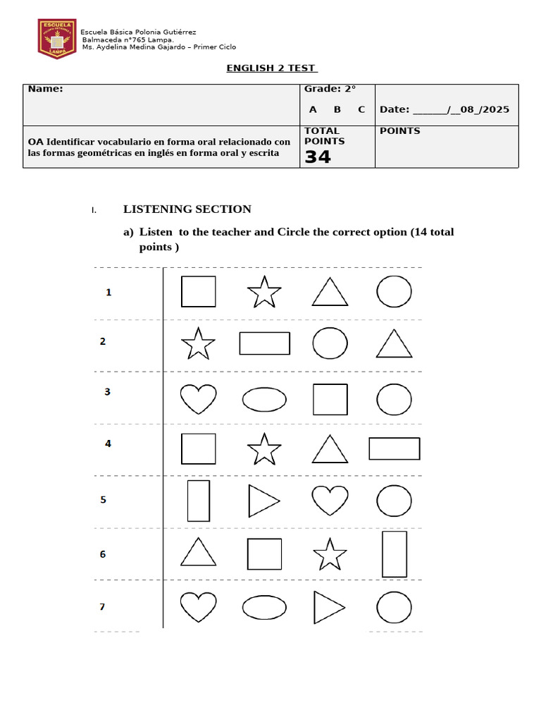 2º Grade ABC- English Test 2 Unit 2 | PDF