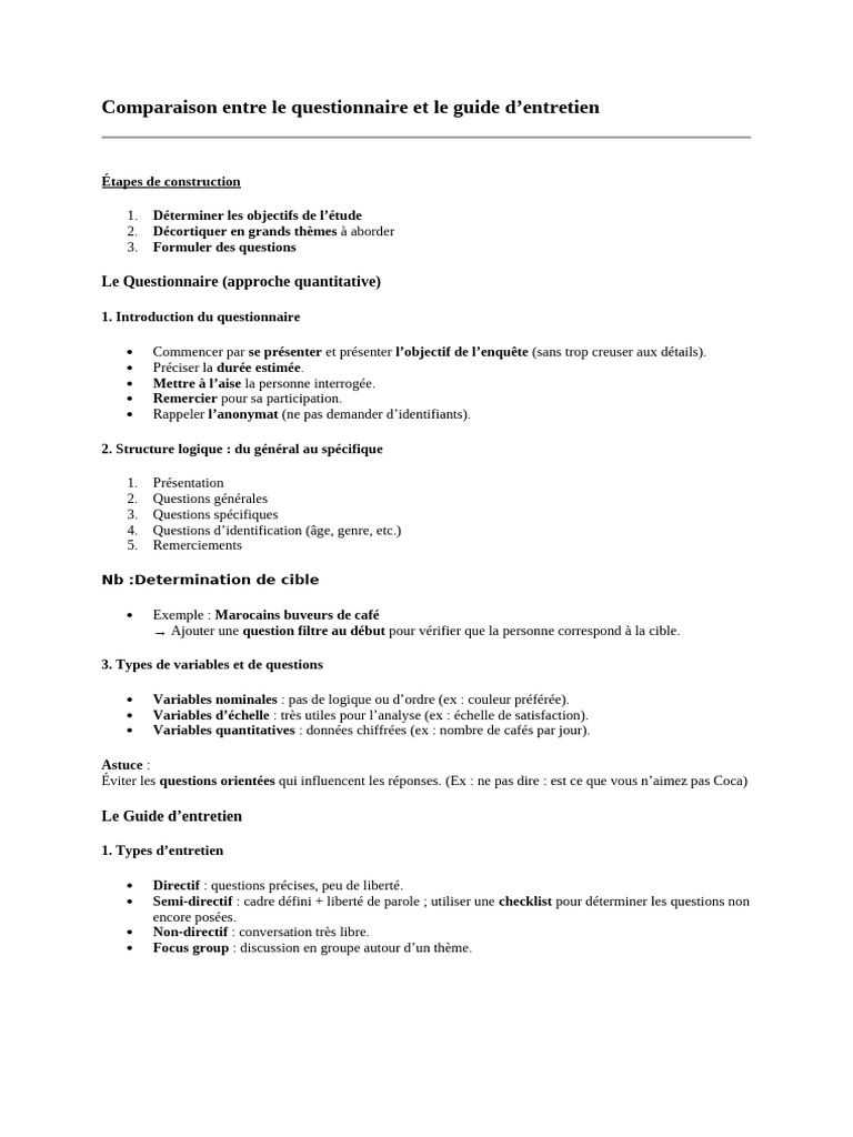 Questionnaire vs Guide d'entretien : Comparaison | PDF