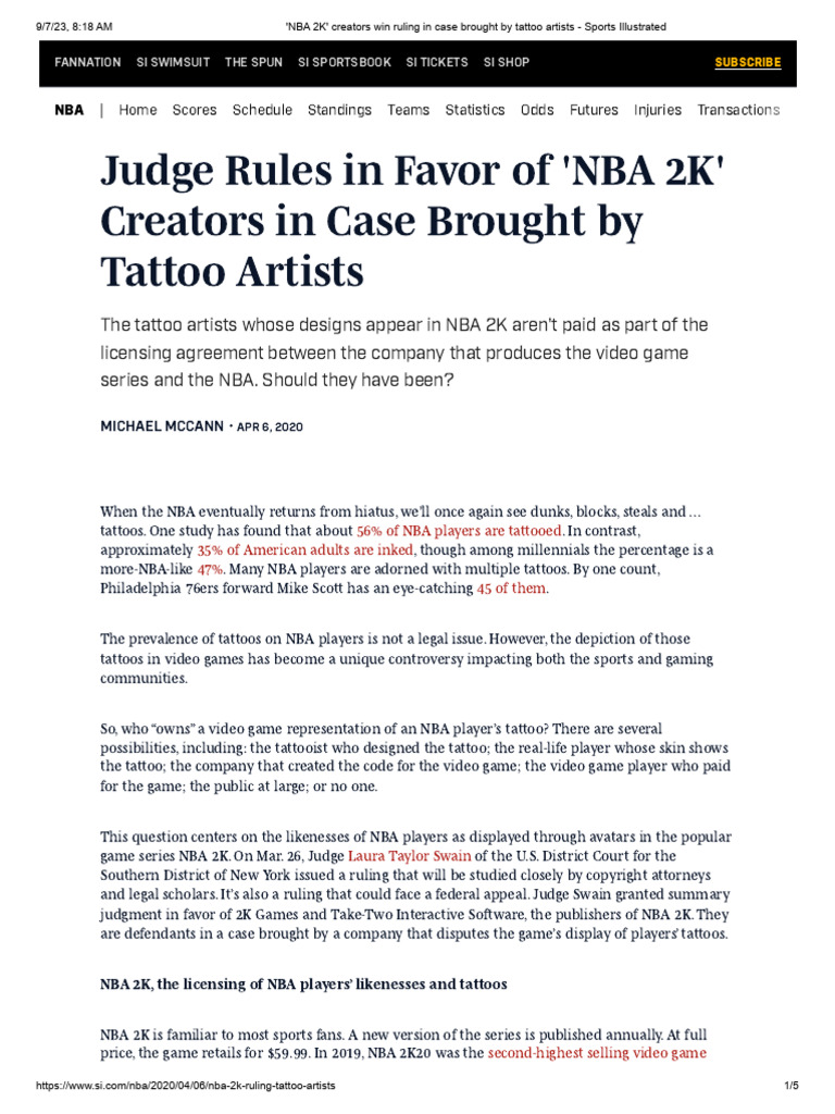 NBA 2K Creators Win Ruling in Case Brought by Tattoo Artists - Sports ...