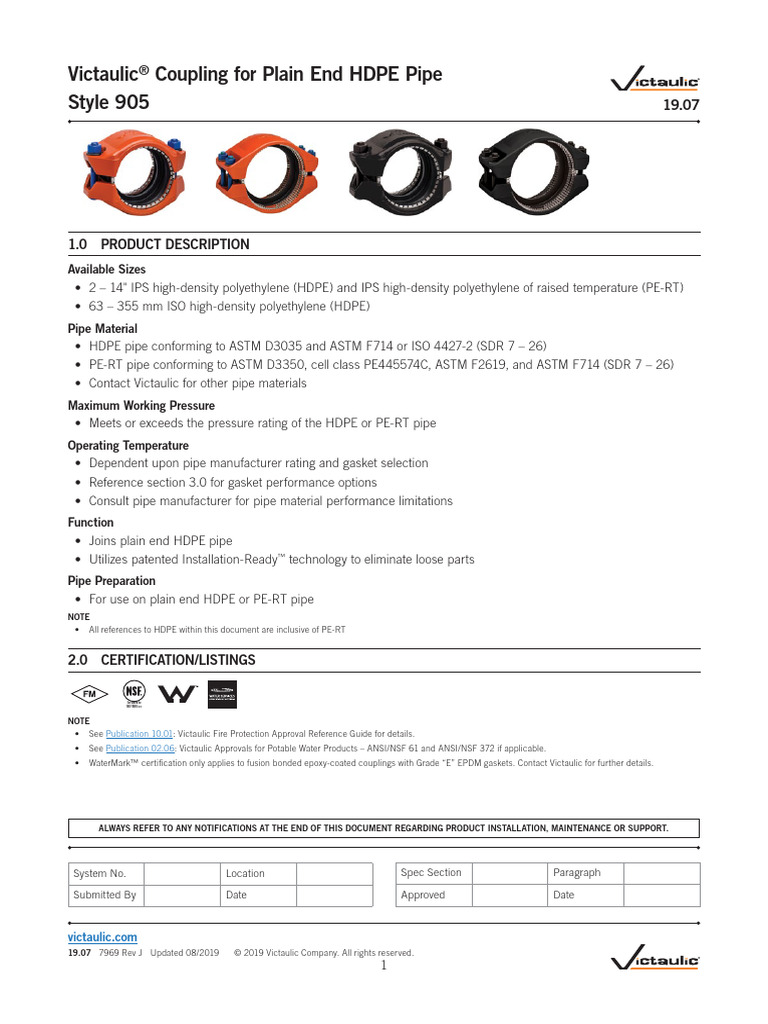 Victaulic Style 905 HDPE Coupling Guide | PDF | Pipe (Fluid Conveyance ...
