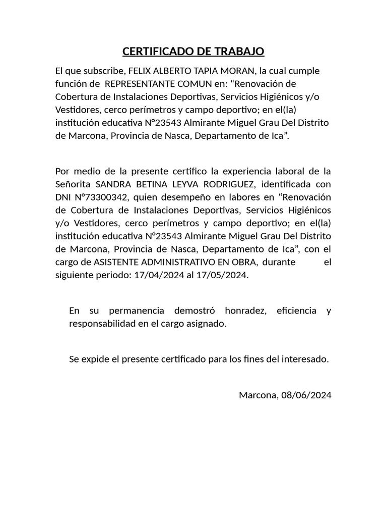 Certificado de Trabajo Obra | PDF