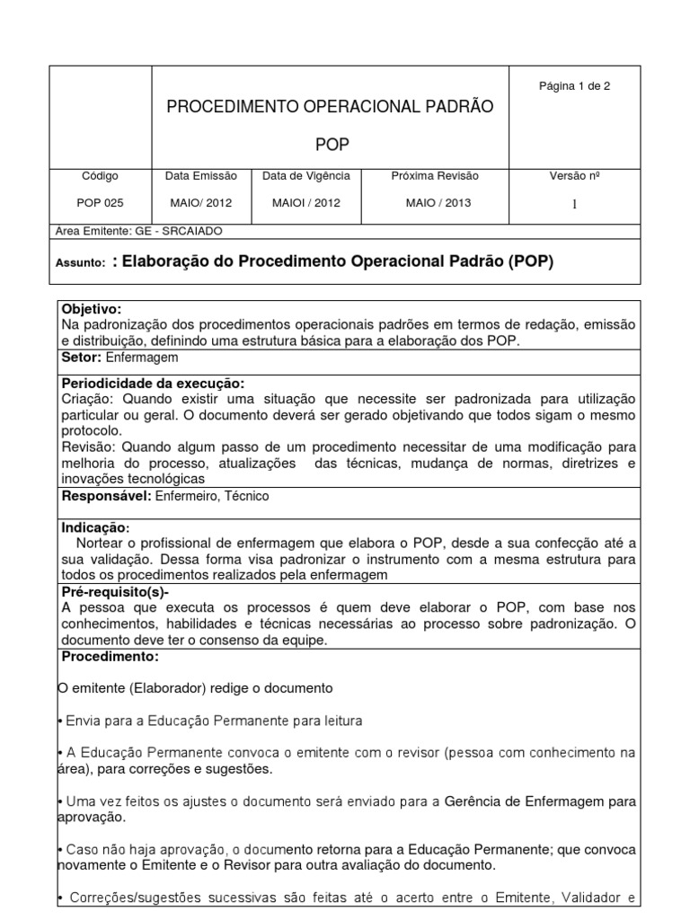 POP Elaboração do Procedimento Operacional Padrão (POP) | Enfermagem ...