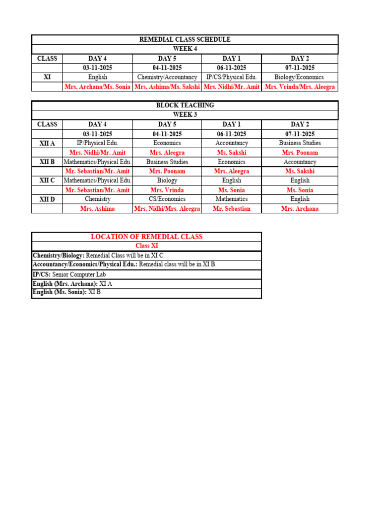 Remedial Class Schedule for XI & XII | PDF