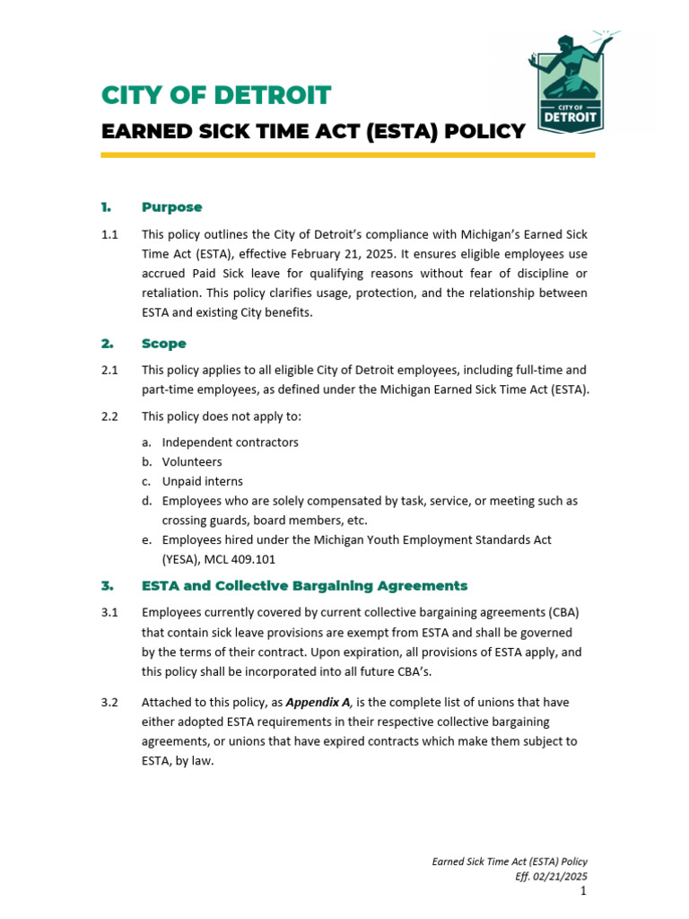 Earned Sick Time Act (ESTA) Policy Effective 2.21.25 FINAL | PDF | Sick Leave | Employment