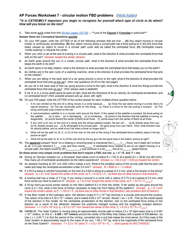 AP Forces Worksheet 7 - circular motion FBD problems | PDF | Force | Electron