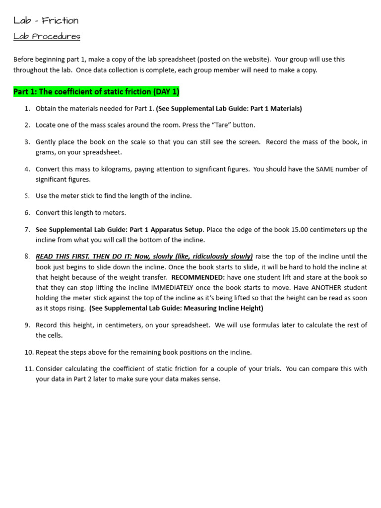 Lab - Friction - Procedures | PDF | Force | Friction