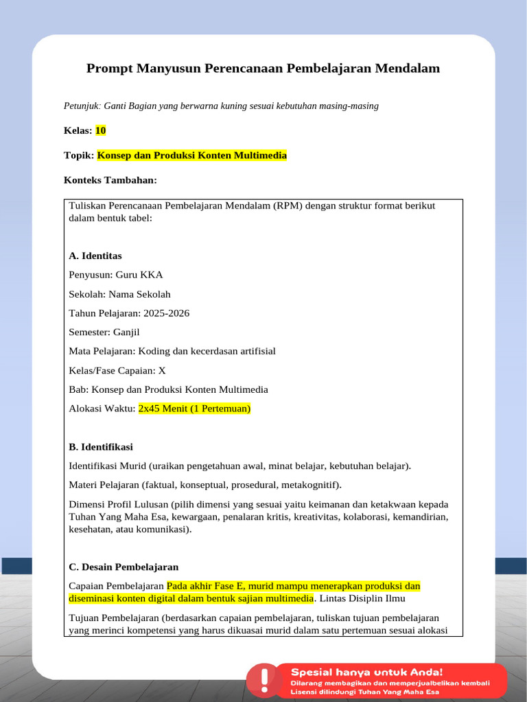 RPP Koding dan AI Kelas 10 Multimedia | PDF