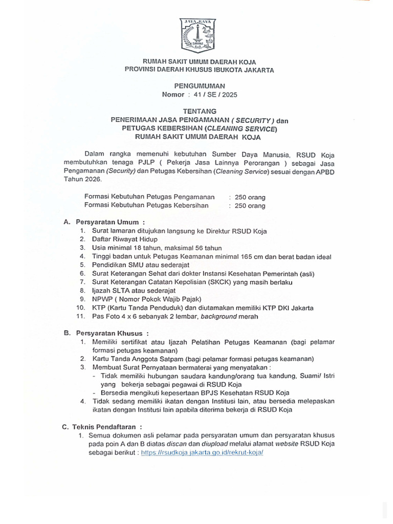 SE Penerimaan PJLP RSUD Koja Stempel 1 | PDF