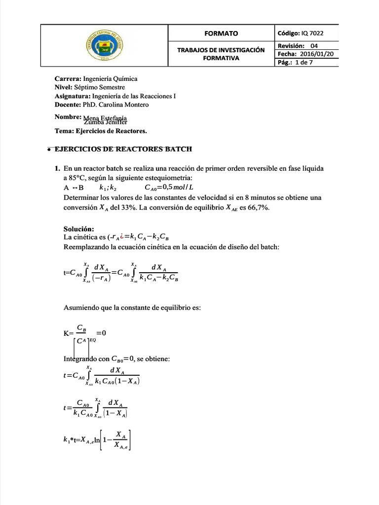 PDF 2 Ejercicios de Reactores Batch - Compress | PDF | Reactor Quimico | Etileno