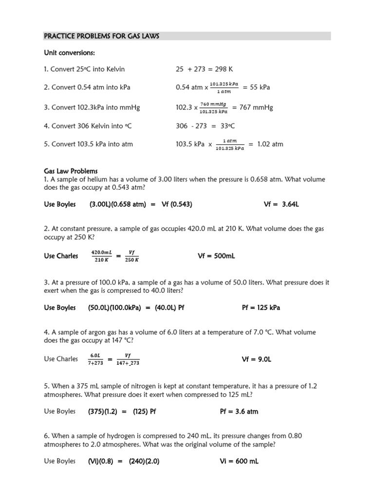 Chem 11 Gas Law Practice Problems Key | PDF | Gases | Mole (Unit)