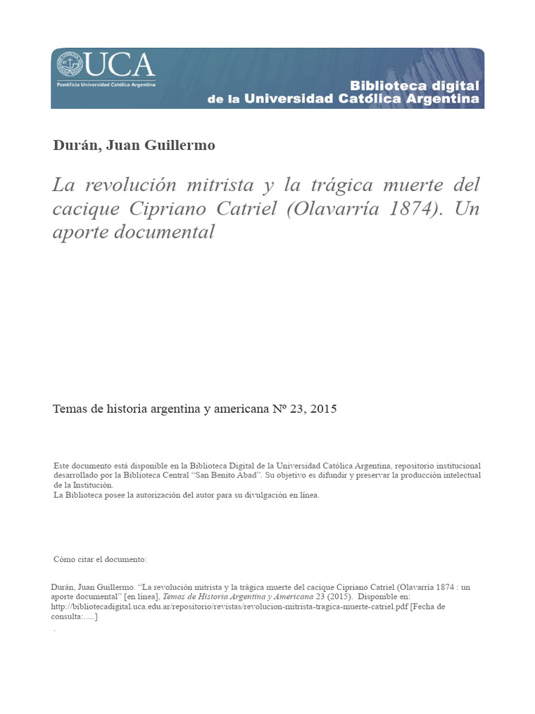 LA REVOLUCION MITRISTA Y LA TRAGICA MUERTE DEL CACIQUE CIPRIANO CATRIEL ...