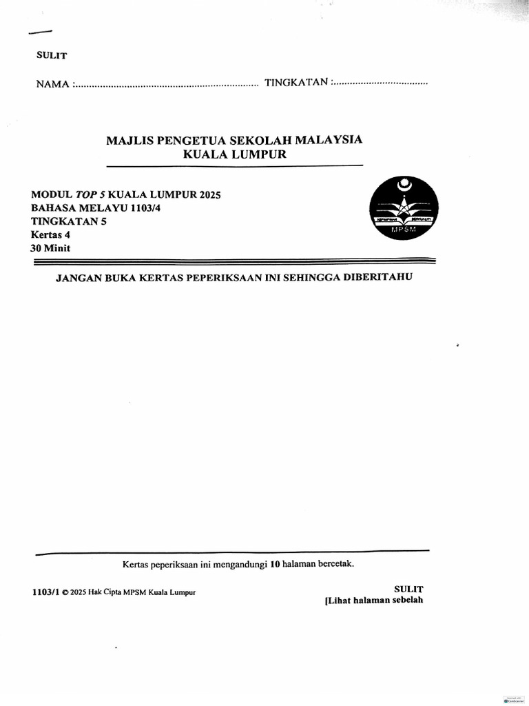 Peperiksaan Percubaan JPWPKL 2025 BM K4 | PDF