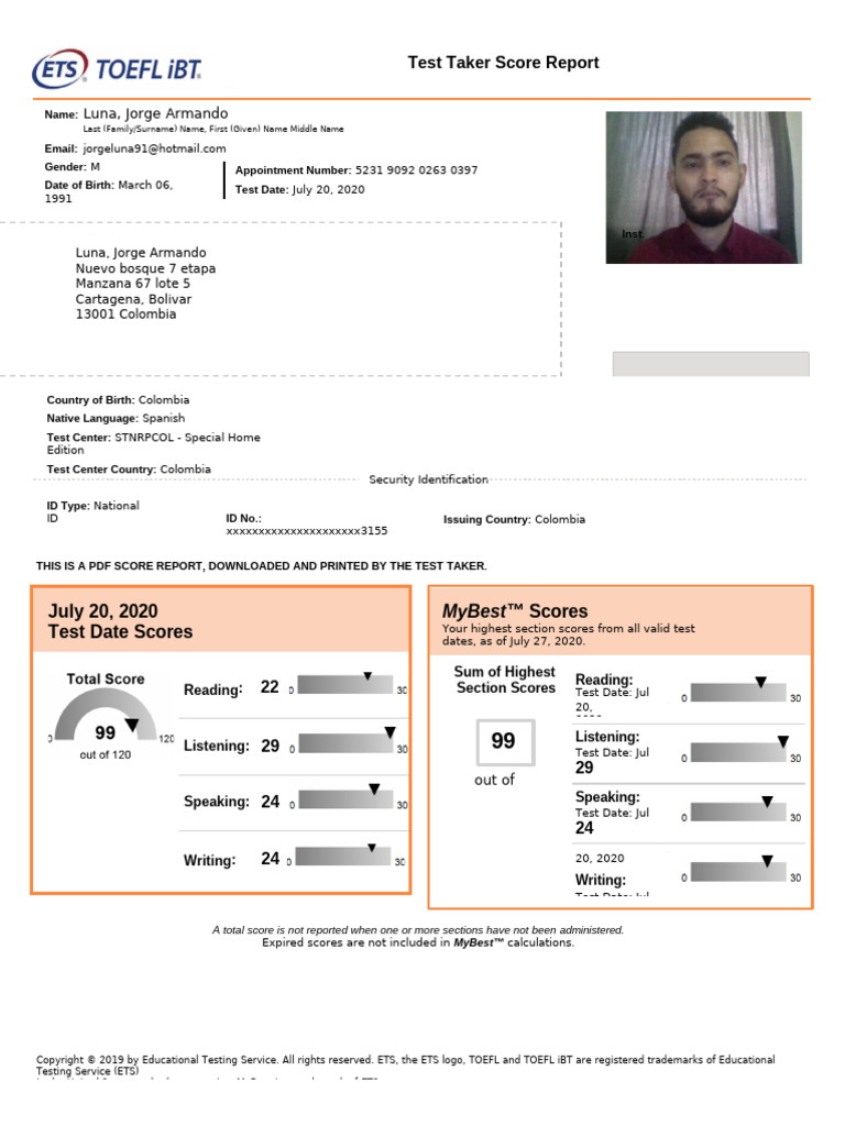 TOEFL iBT Score Report for Jorge Luna | PDF | Test Of English As A ...