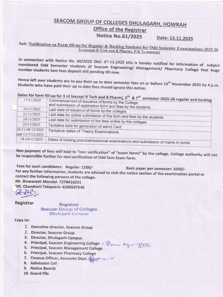 Exam Form Fill Up Notice-Odd Sem, 2025 | PDF