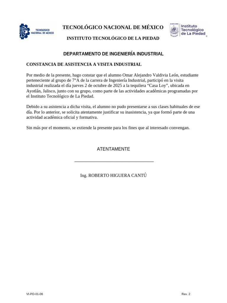 Constancia de Visita Industrial 2025 | PDF