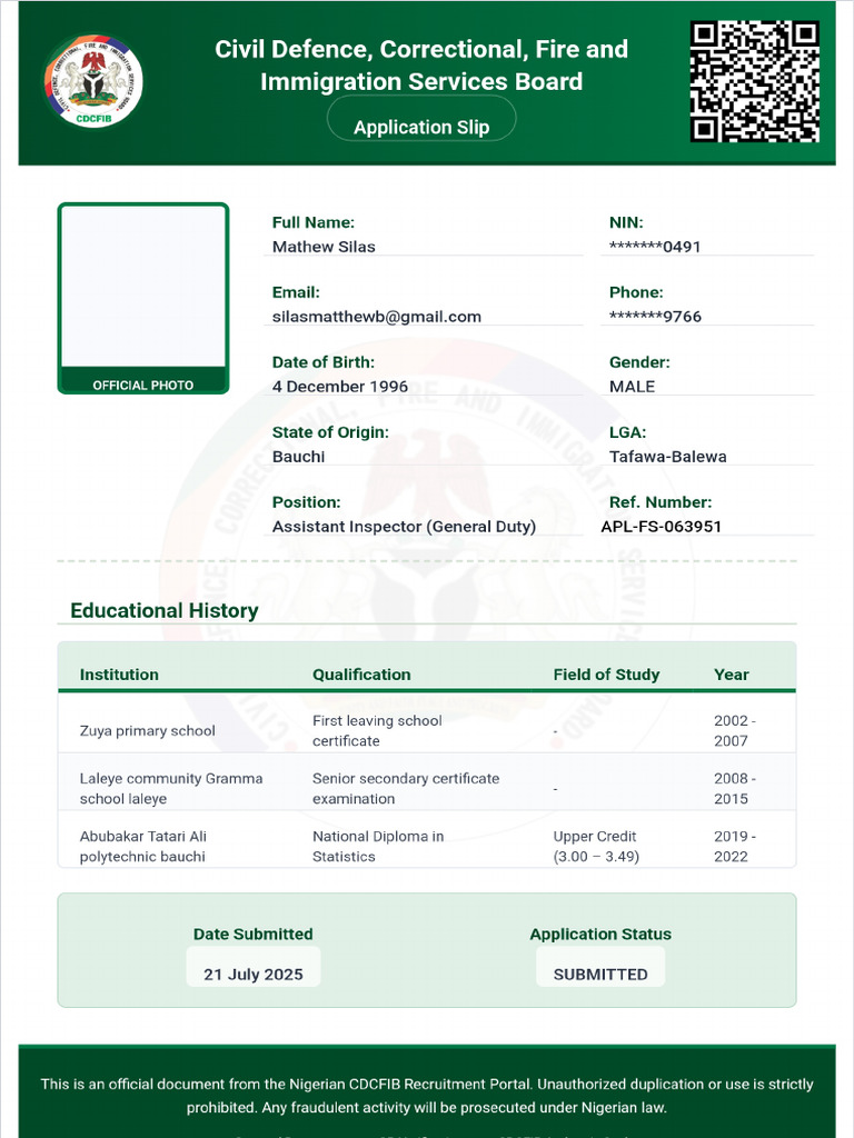 Mathew Bakos Silas Application Slip | PDF