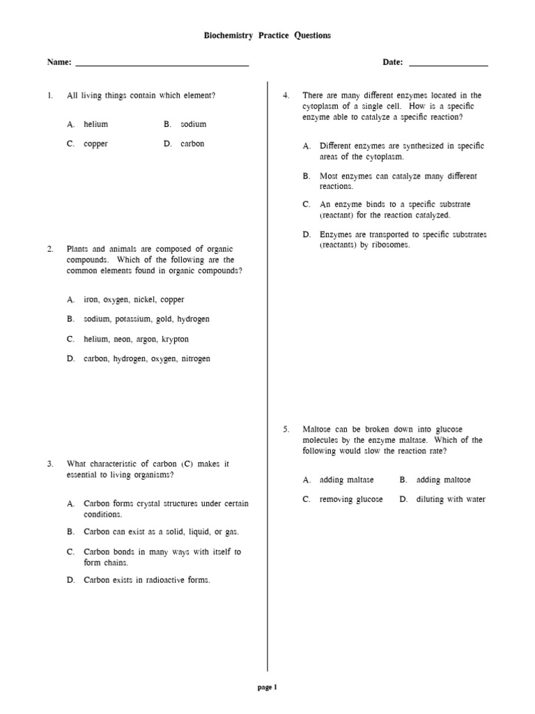 Biochemistry Practice Questions | PDF | Biochemistry | Chemistry