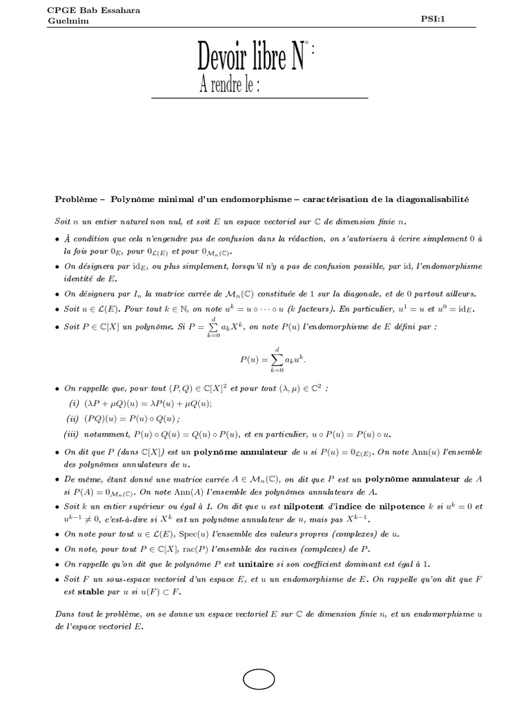 DL 4 Algèbre Linéaire Autour de La Notion de Polynôme Minimal Critère ...