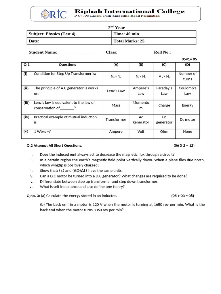 T3 PHYSICS 2nd Year Girls | PDF | Inductance | Transformer