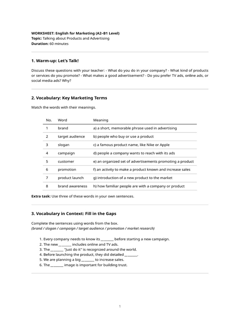 Marketing Vocabulary Worksheet A2-B1 | PDF | Advertising | Brand