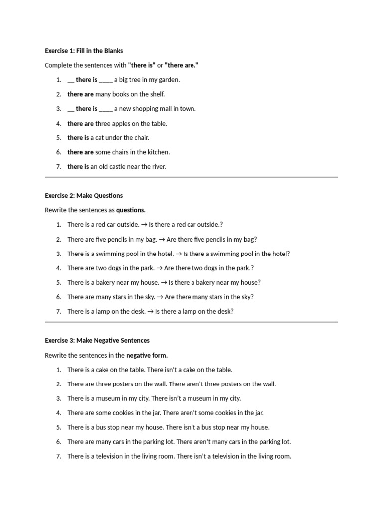 Grammar Exercises: "There is" vs. "There are" | PDF