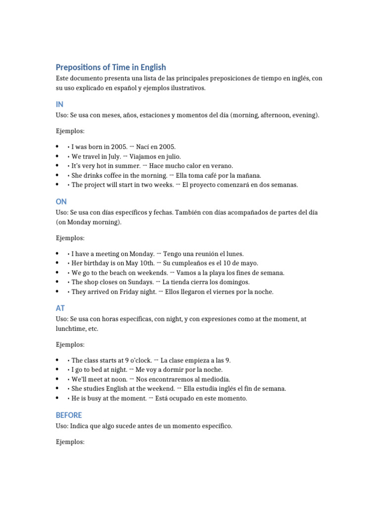 Prepositions of Time in English | PDF