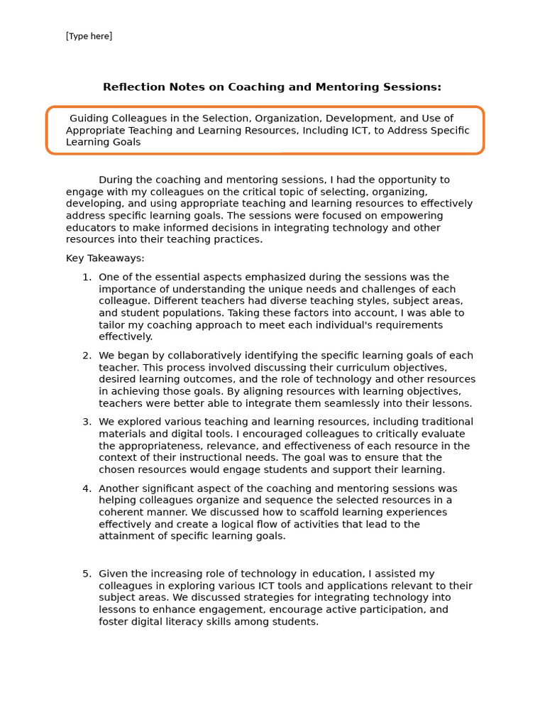 Reflection Notes On Coaching and Mentoring Sessions:: (Type Here) | PDF ...