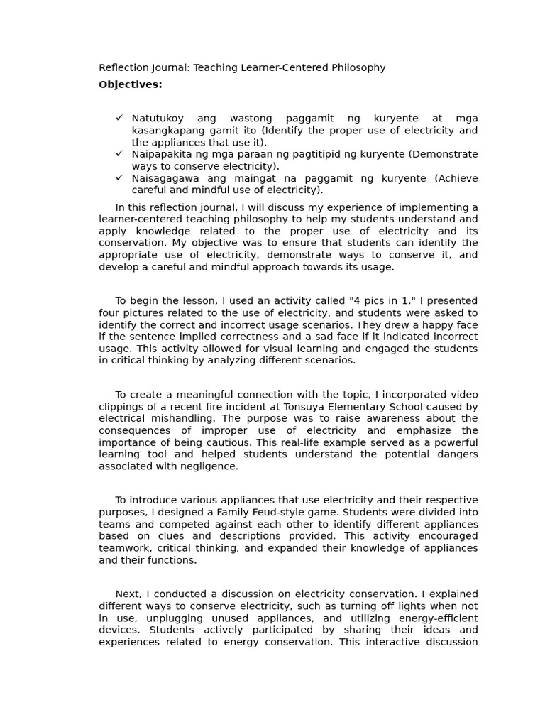 Reflection On Learner-Centered Teaching Philosophy CO1 | PDF | Energy Conservation | Critical ...