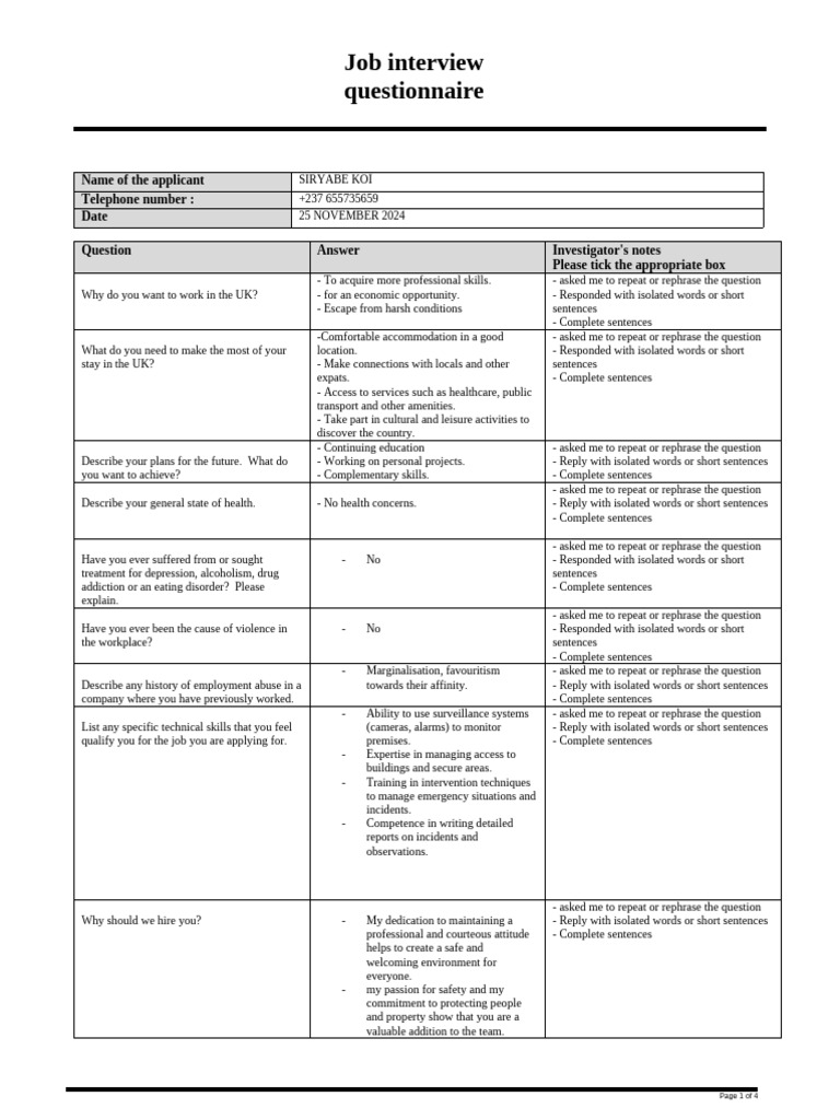Job Interview Questionnaire | PDF | English Language | Question