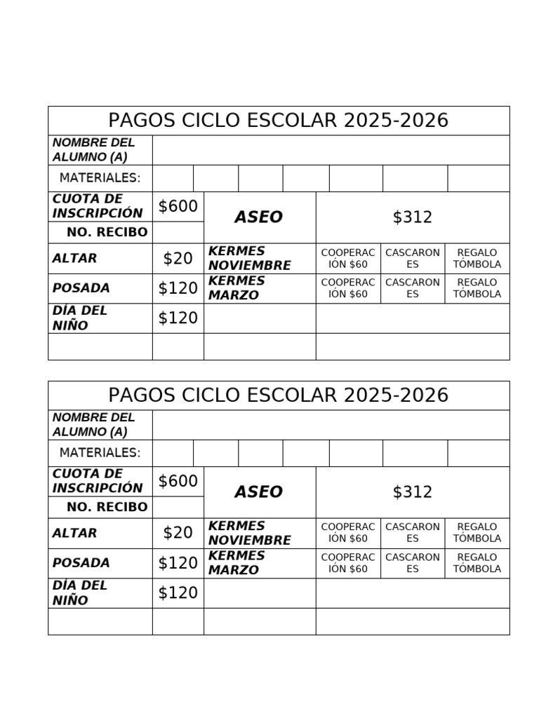 Pagos Ciclo Escolar 2025 2026 Pdf