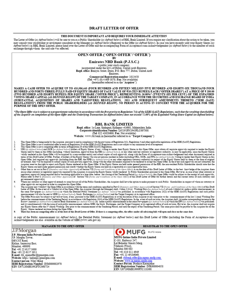 RBL Bank Open Offer by Emirates NBD | PDF | Equity (Finance) | Stocks
