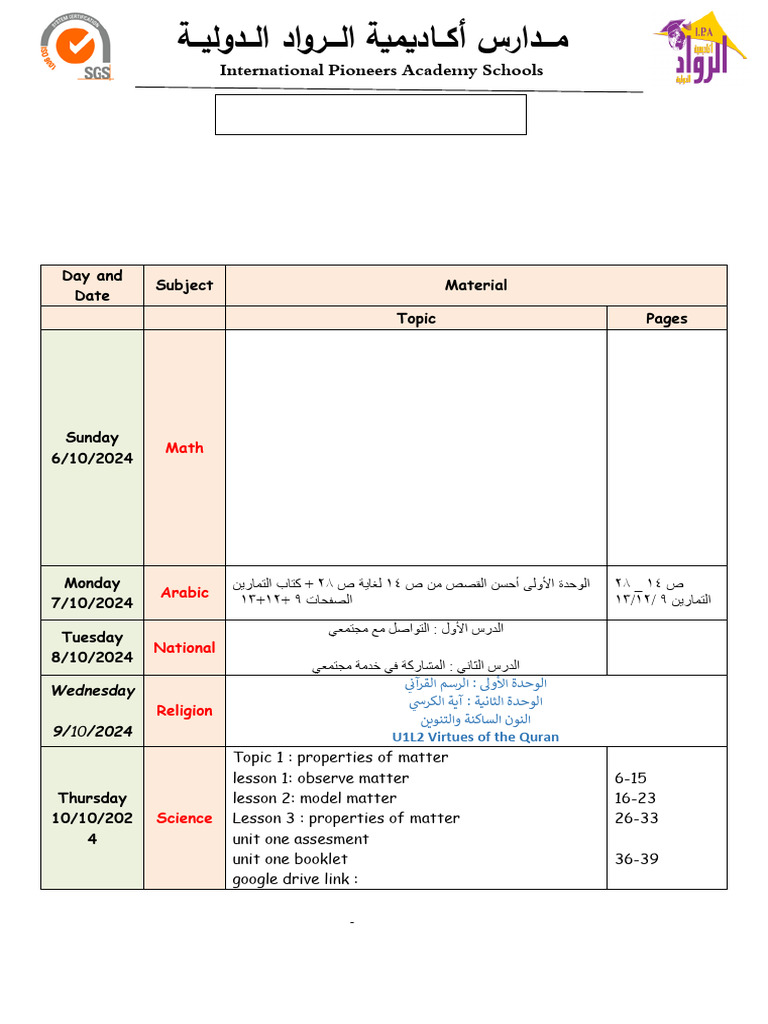 5th Grade Schedule | PDF | Multiplication | Learning