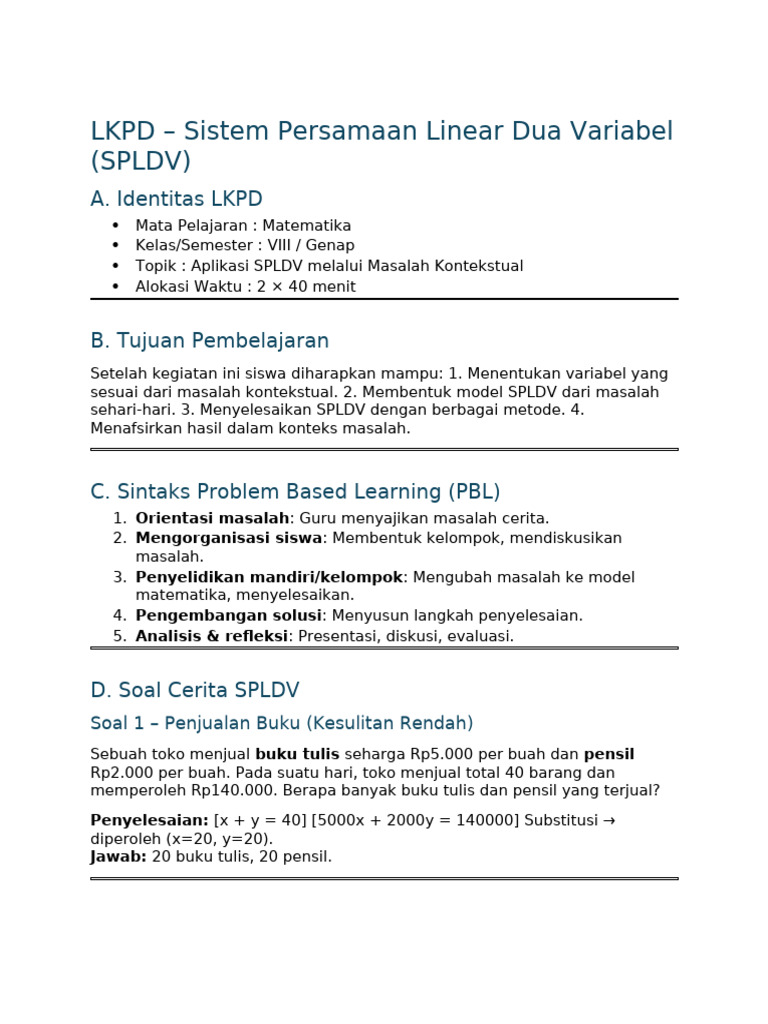 LKPD SPLDV Dengan Model Problem Based Learning (PBL) | PDF