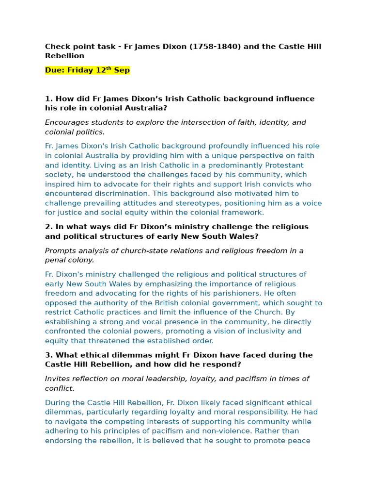 Check point task_Fr James Dixon (1758-1840) and the Castle Hill ...