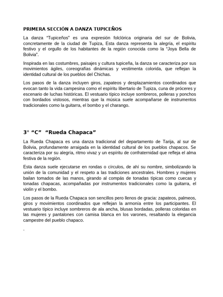 Danza Tupiceños y Rueda Chapaca en Bolivia | PDF