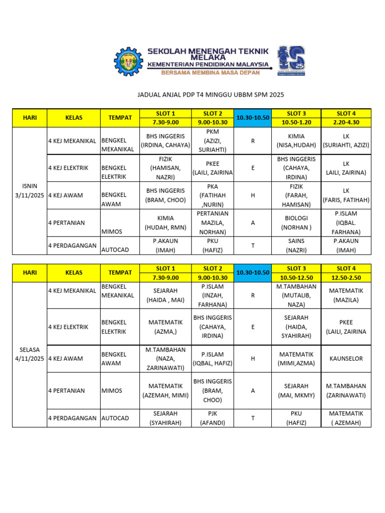 Jadual Anjal t4 Isnin_selasa Mggu Ubbm Spm 2025 | PDF